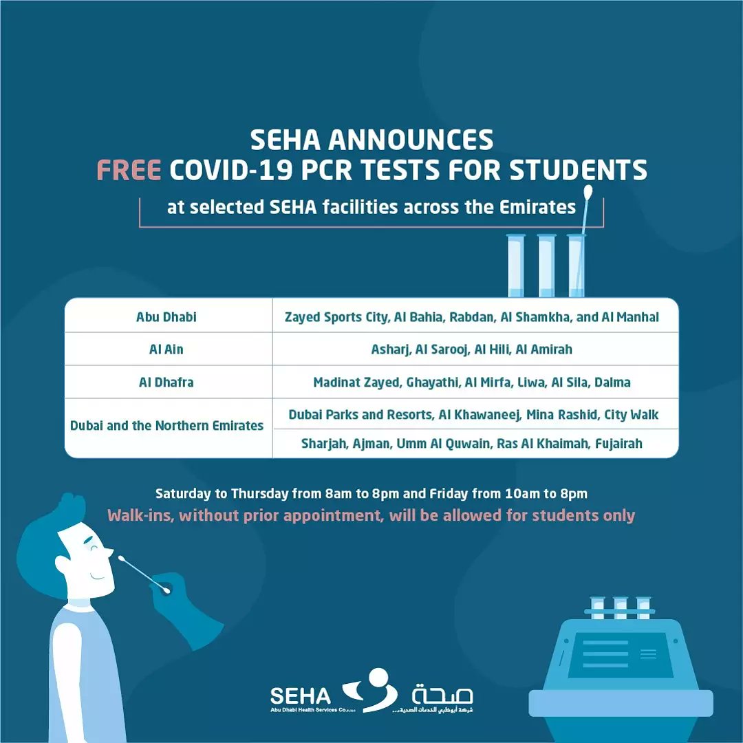 “SEHA” provides free “PCR” test for all students in all its designated ...